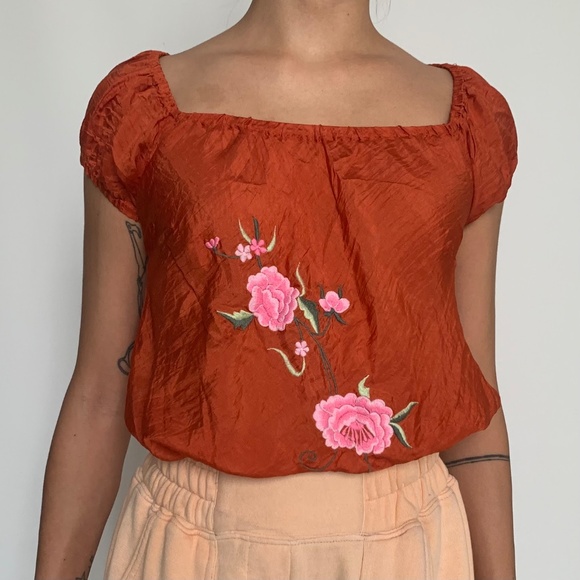 Tops | Silk Boho Embroidered Short Sleeve Peasant Top Orange | Poshmark
